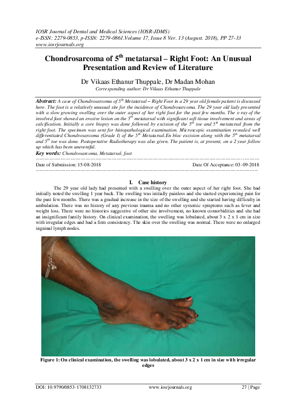 (PDF) Chondrosarcoma of 5 th metatarsal – Right Foot: An Unusual ...