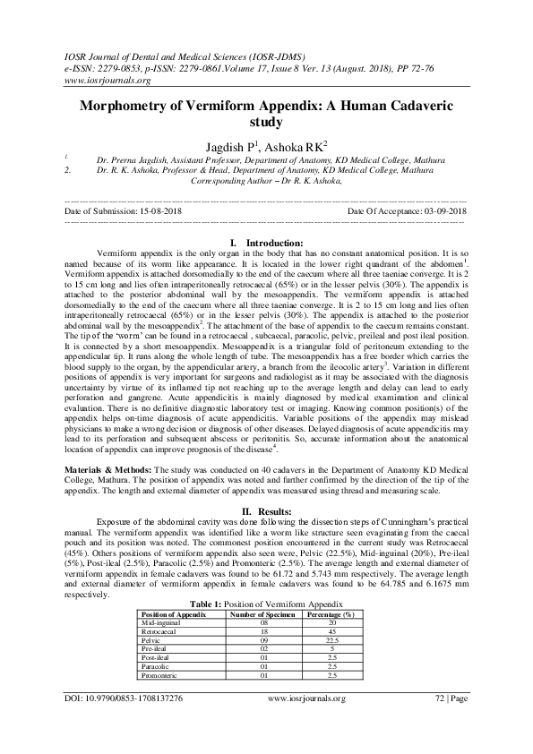 (PDF) Morphometry of Vermiform Appendix: A Human Cadaveric study