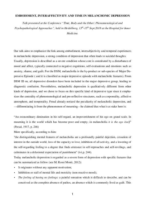 (DOC) EMBODIMENT, INTERAFFECTIVITY AND TIME IN MELANCHONIC DEPRESSION