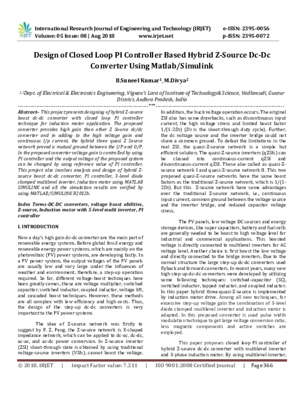 Pdf Irjet Design Of Closed Loop Pi Controller Based Hybrid Z Source