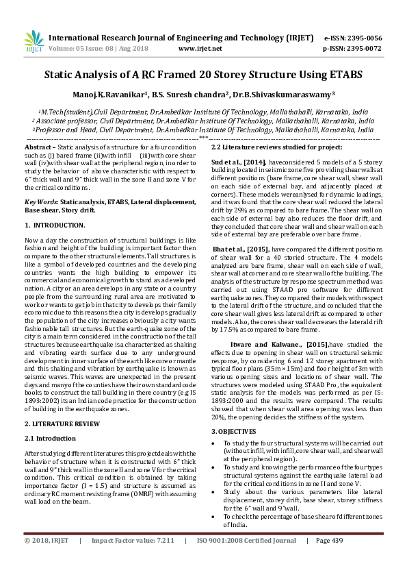 (PDF) IRJET- Static Analysis of A RC Framed 20 Storey Structure Using ETABS