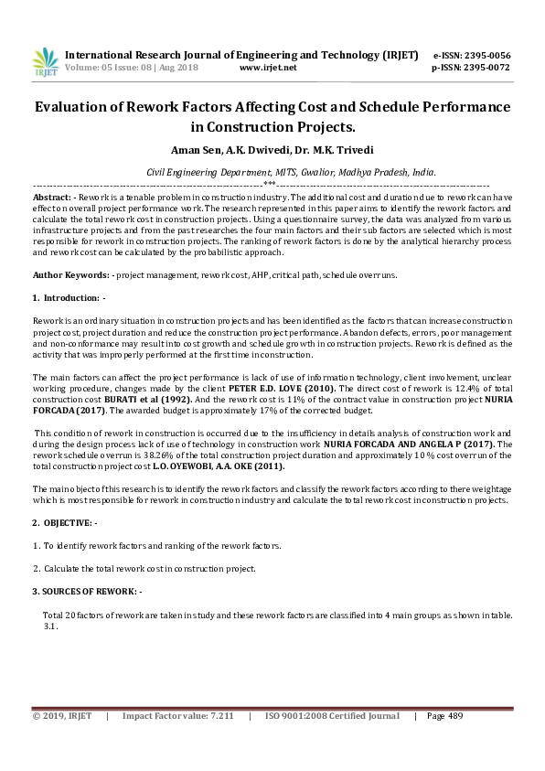 (PDF) IRJET- Evaluation of Rework Factors Affecting Cost and Schedule ...