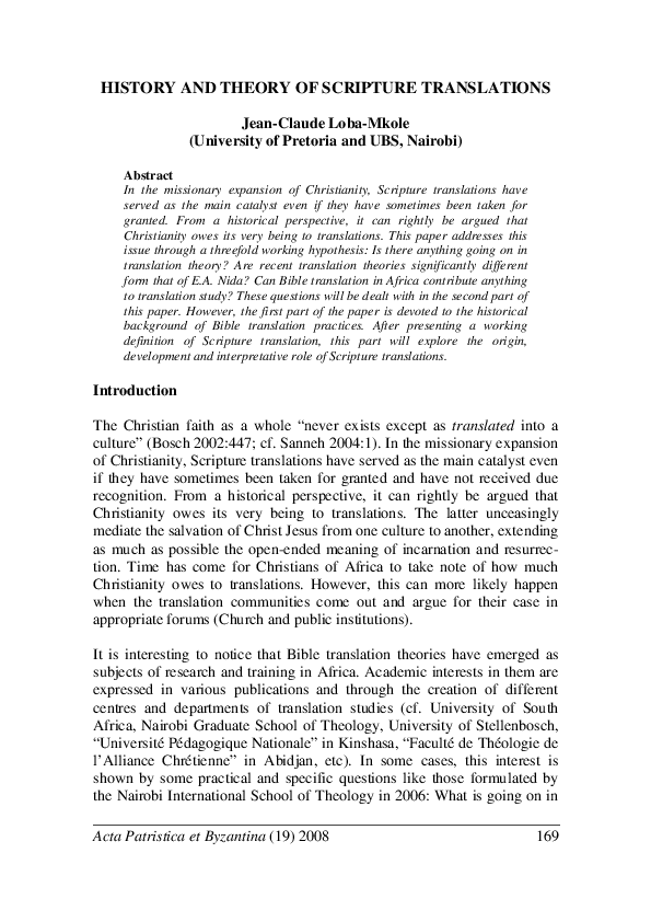 (PDF) HISTORY AND THEORY OF SCRIPTURE TRANSLATIONS