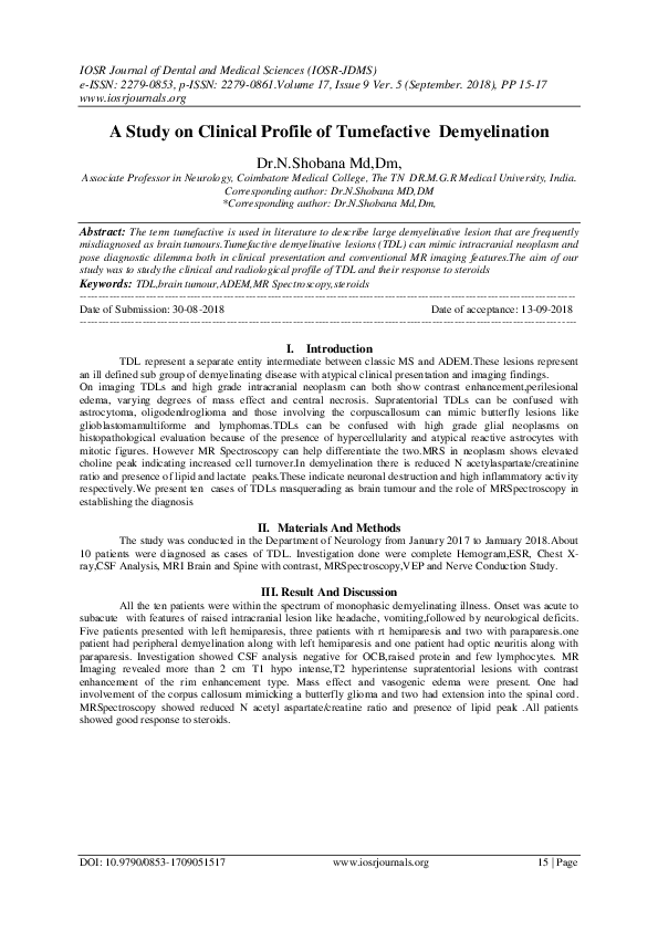 (PDF) A Study on Clinical Profile of Tumefactive Demyelination