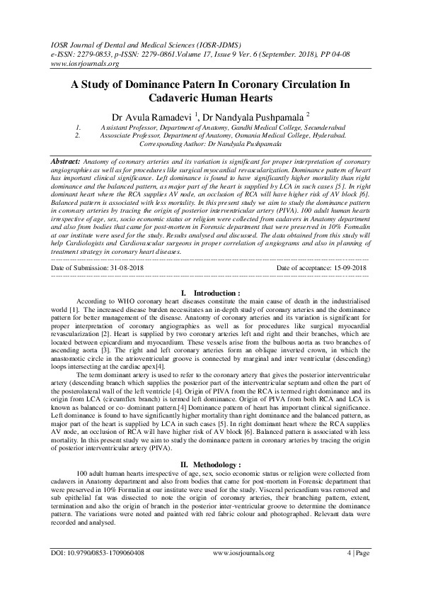 (PDF) A Study of Dominance Patern In Coronary Circulation In Cadaveric ...