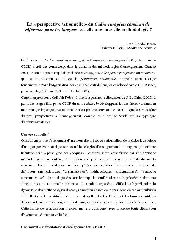 (DOC) La « perspective actionnelle » du Cadre européen commun de référence pour les langues est ...