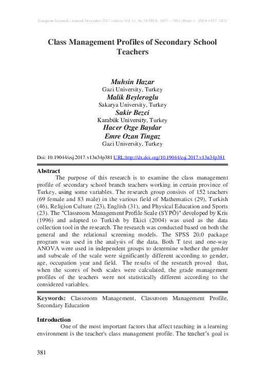 (PDF) Class Management Profiles of Secondary School Teachers
