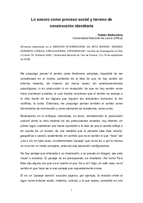 (PDF) Lo sonoro como proceso social y terreno de construcción identitaria