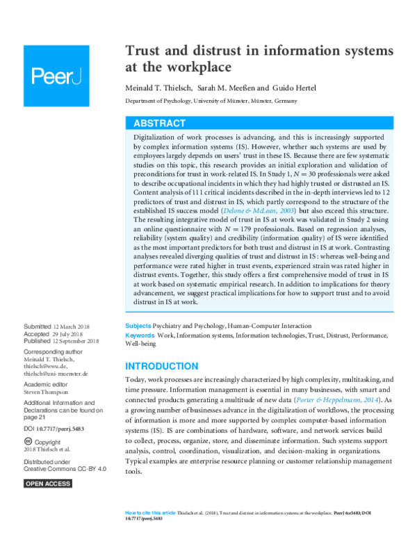 (PDF) Trust and distrust in information systems at the workplace
