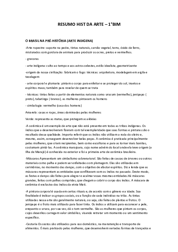 (DOC) RESUMO HIST DA ARTE – 1°BIM O BRASIL NA PRÉ-HISTÓRIA (ARTE INDIGENA