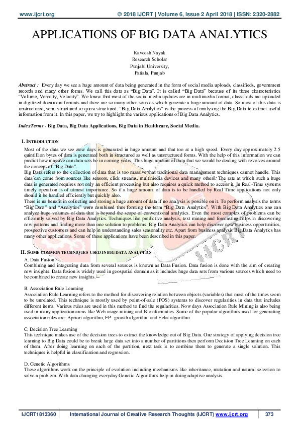 (PDF) APPLICATIONS OF BIG DATA ANALYTICS