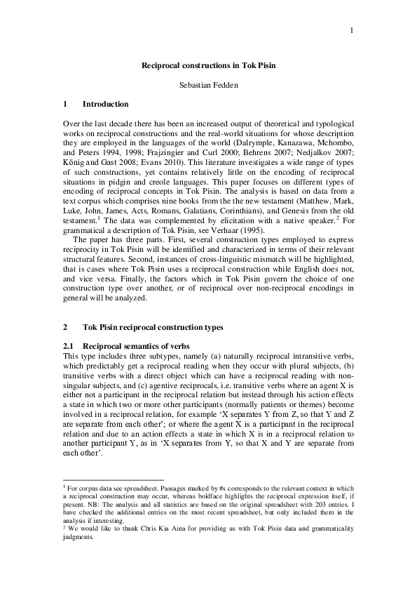 (PDF) Reciprocal constructions in Tok Pisin