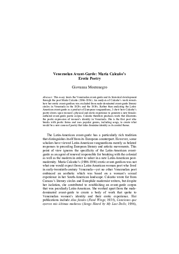 (PDF) Venezuelan Avant-Garde: María Calcaño's Erotic Poetry