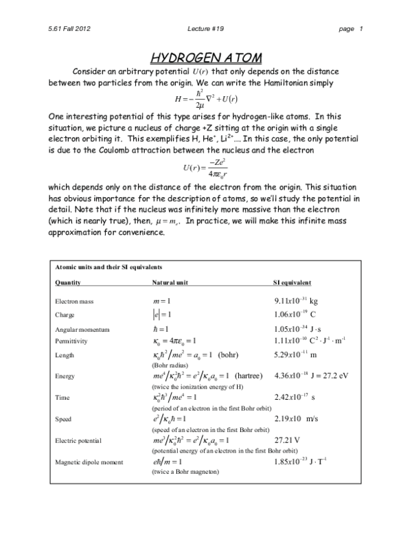 (PDF) HYDROGEN ATOM