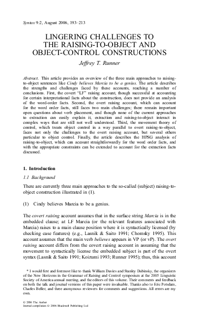 (PDF) Lingering Challenges to the Raising-to-object and Object-control ...