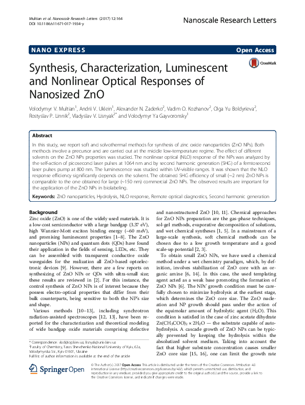 (PDF) Synthesis, Characterization, Luminescent and Nonlinear Optical Responses of Nanosized ZnO