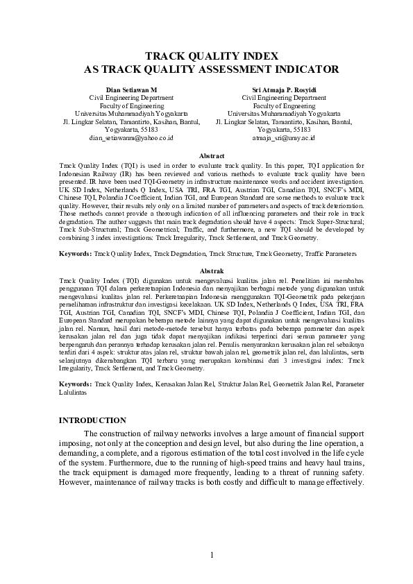 (PDF) TRACK QUALITY INDEX AS TRACK QUALITY ASSESSMENT INDICATOR