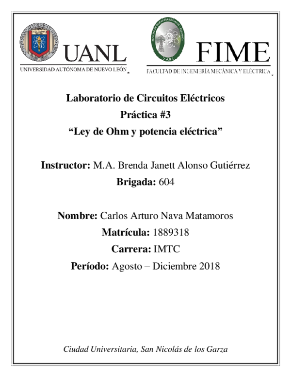 (PDF) Laboratorio de Circuitos Eléctricos Práctica #3 " Ley de Ohm y potencia eléctrica