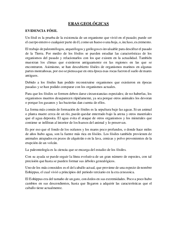 (DOC) ERAS GEOLÓGICAS EVIDENCIA FÓSIL