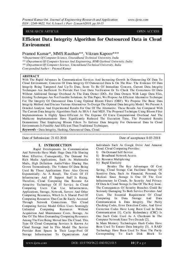 (PDF) Efficient Data Integrity Algorithm for Outsourced Data in Cloud Environment | IJERA ...