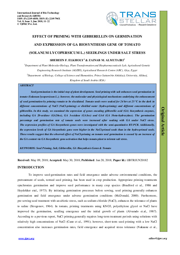 (PDF) EFFECT OF PRIMING WITH GIBBERELLIN ON GERMINATION AND EXPRESSION ...