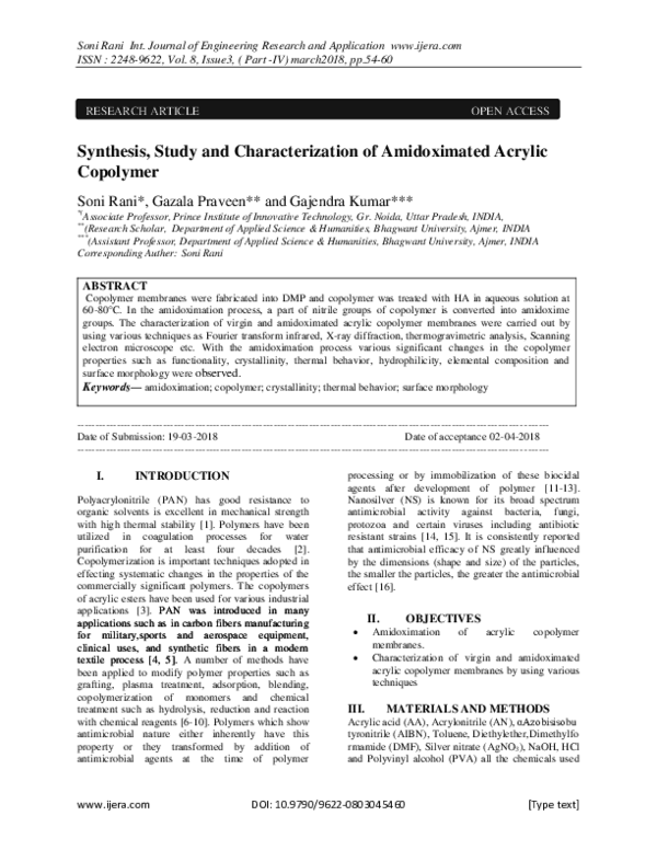 (PDF) Synthesis, Study and Characterization of Amidoximated Acrylic ...