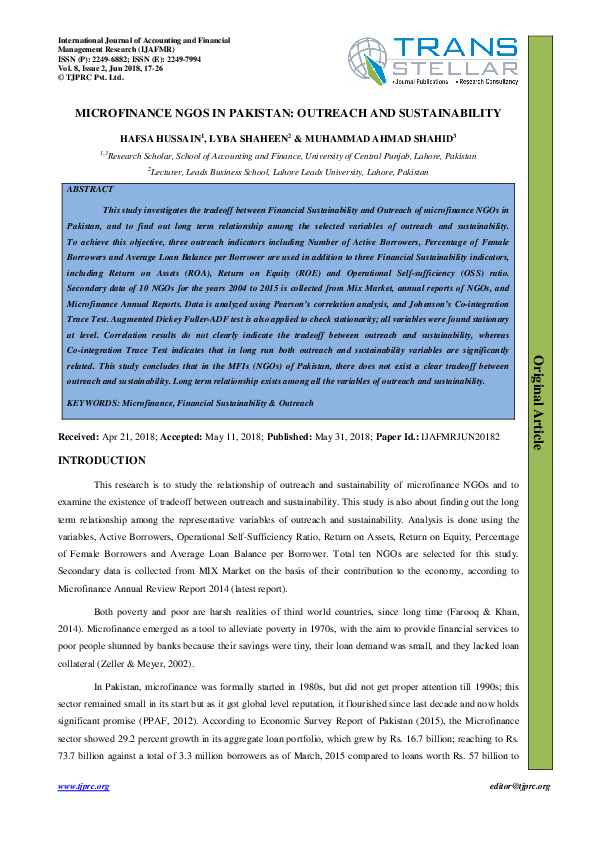 (PDF) MICROFINANCE NGOS IN PAKISTAN: OUTREACH AND SUSTAINABILITY
