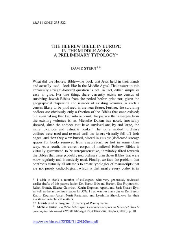 (PDF) David Stern, “The Hebrew Bible in the Middle Ages,” Jewish ...