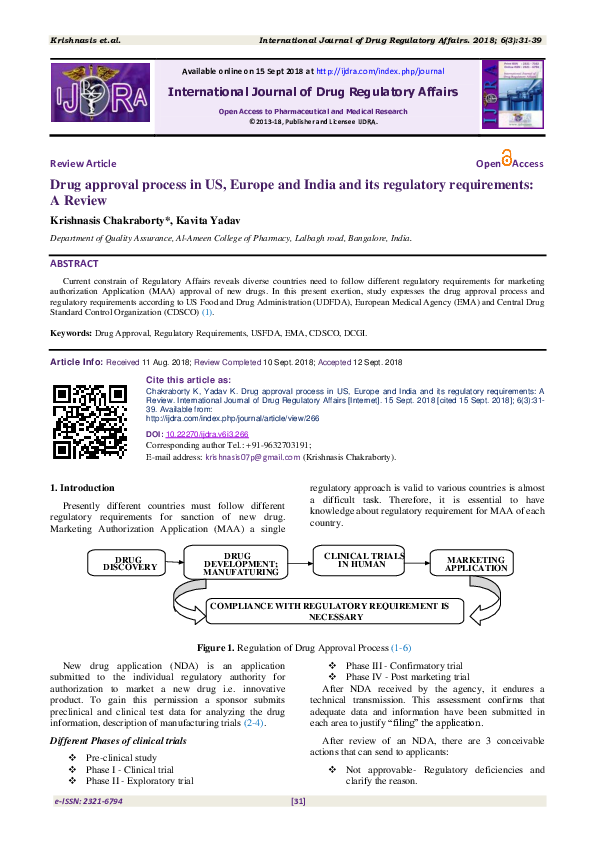 (PDF) Drug approval process in US, Europe and India and its regulatory ...