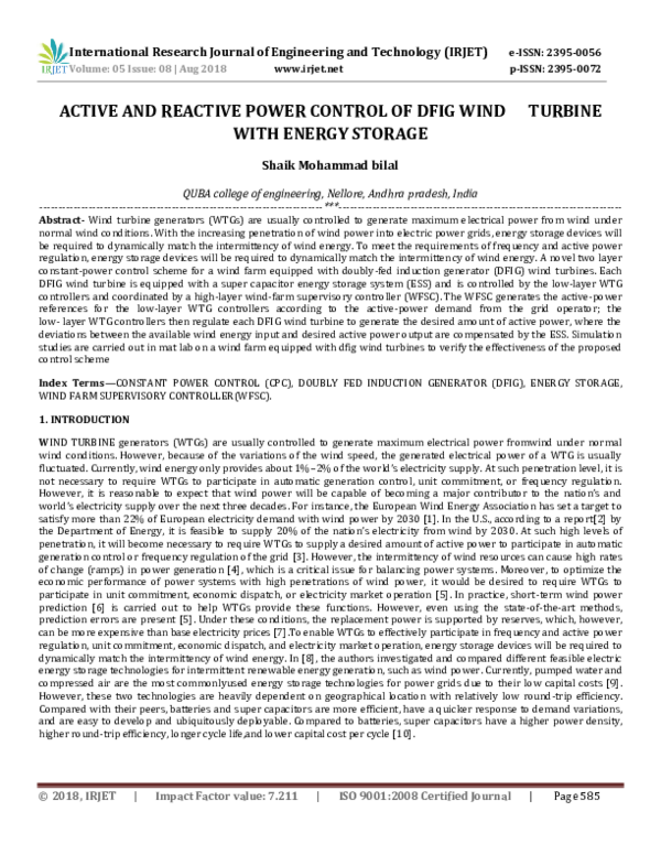 (PDF) IRJET- ACTIVE AND REACTIVE POWER CONTROL OF DFIG WIND TURBINE WITH ENERGY STORAGE