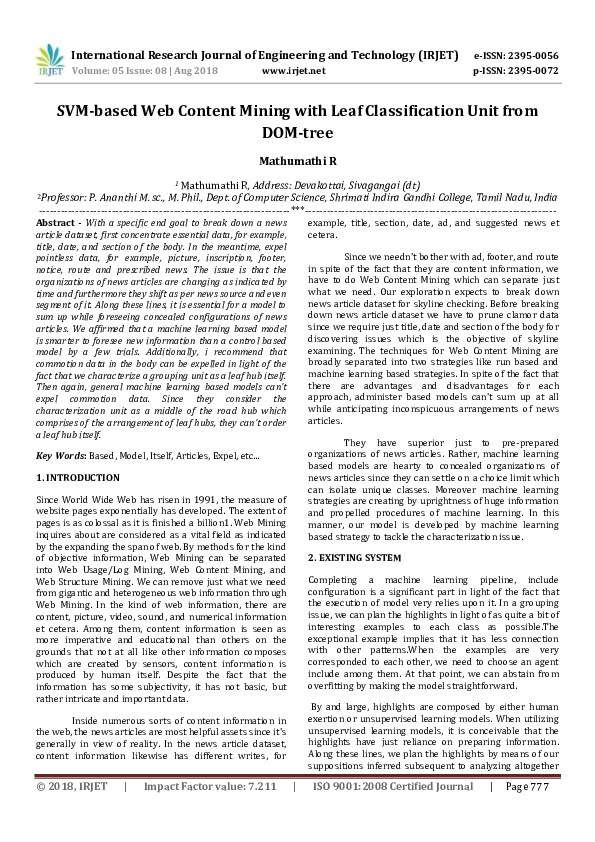 (PDF) IRJET- SVM-based Web Content Mining with Leaf Classification Unit from DOM-tree | IRJET ...