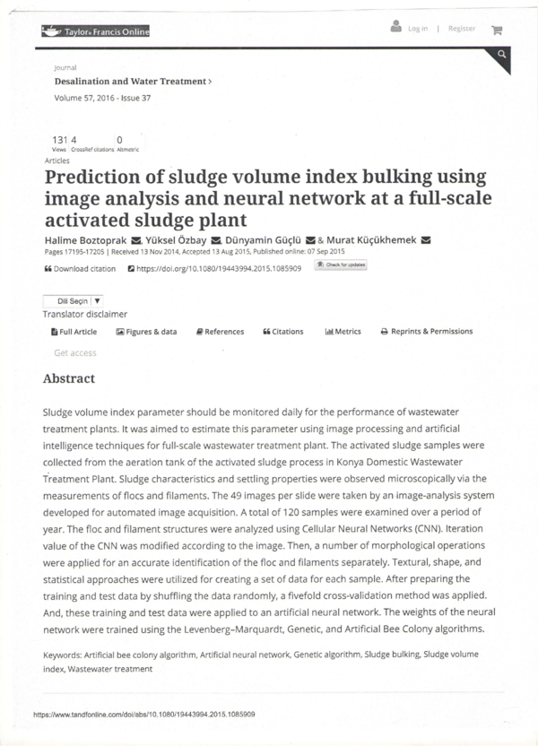 (PDF) Prediction of sludge volume index bulking using image analysis and neural network at a ...
