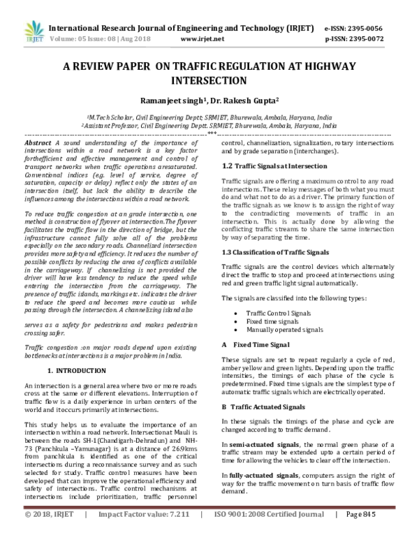 (PDF) IRJET- A REVIEW PAPER ON TRAFFIC REGULATION AT HIGHWAY INTERSECTION