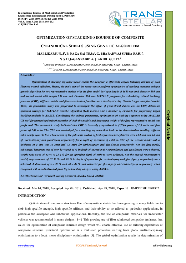 Pdf Optimization Of Stacking Sequence Of Composite Cylindrical Shells Using Genetic Algorithm 