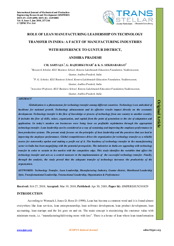 (PDF) ROLE OF LEAN MANUFACTURING LEADERSHIP ON TECHNOLOGY TRANSFER IN ...