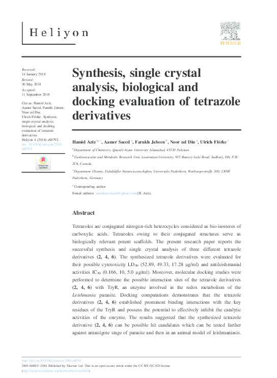 (PDF) Synthesis, single crystal analysis, biological and docking evaluation of tetrazole derivatives