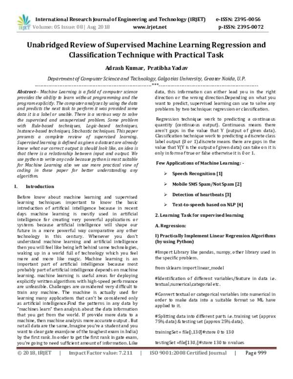 (PDF) IRJET- Unabridged Review of Supervised Machine Learning ...