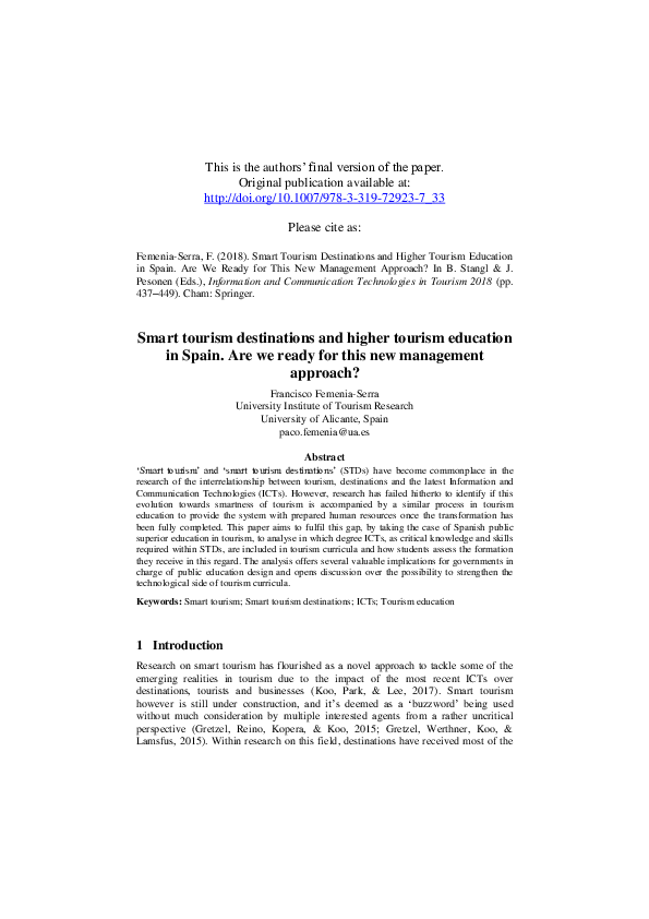 (PDF) Smart Tourism Destinations and Higher Tourism Education in Spain ...