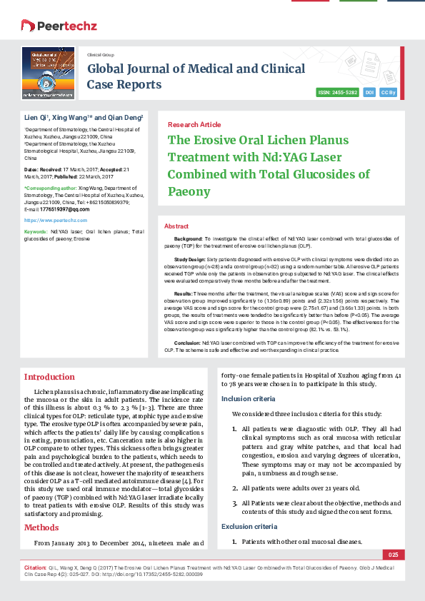 (PDF) The Erosive Oral Lichen Planus Treatment with Nd:YAG Laser Combined with Total Glucosides ...