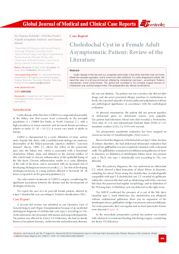 (PDF) Choledochal Cyst in a Female Adult Asymptomatic Patient: Review of the Literature