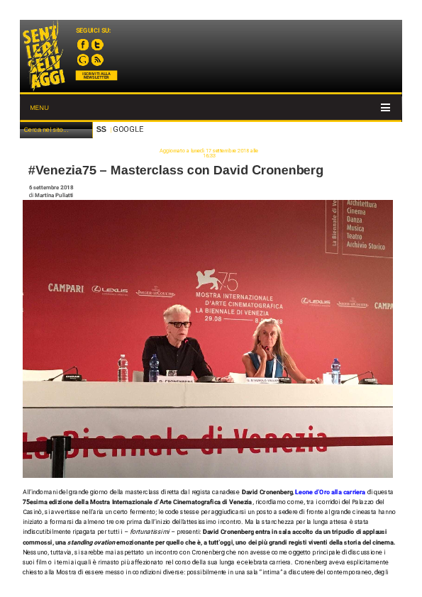 (PDF) #Venezia75 - Masterclass con David Cronenberg - Sentieri Selvaggi