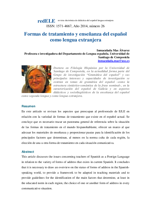 (PDF) Formas de tratamiento y enseñanza del español como lengua extranjera