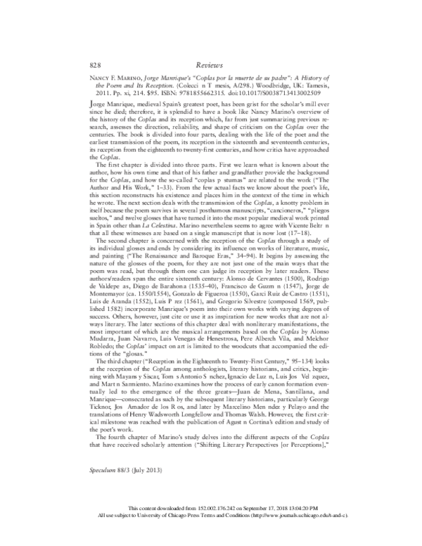 (PDF) (2013) Nancy F. Marino, Jorge Manrique's Coplas por la Muerte de ...