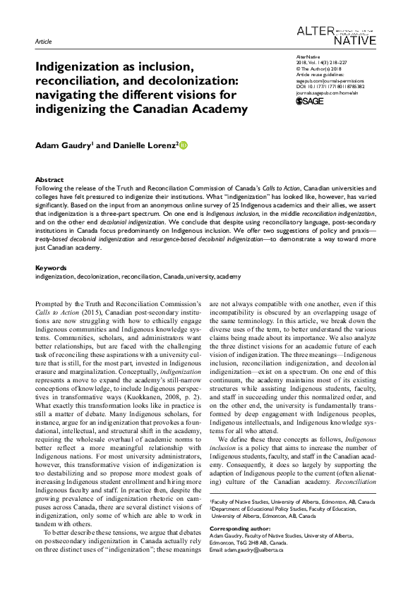 (PDF) Indigenization as inclusion, reconciliaion, and decolonization ...