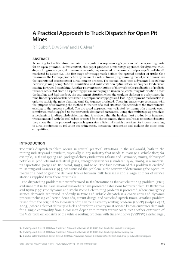 (PDF) A Practical Approach to Truck Dispatch for Open Pit Mines