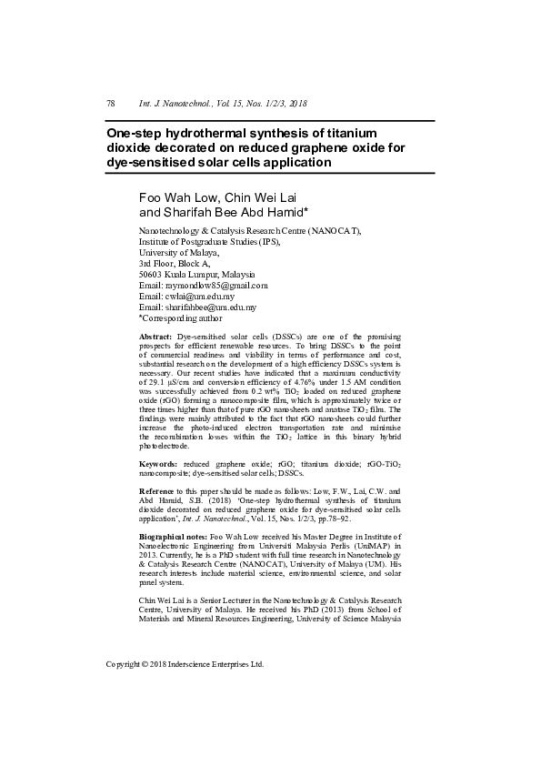 Pdf One Step Hydrothermal Synthesis Of Titanium Dioxide Decorated On