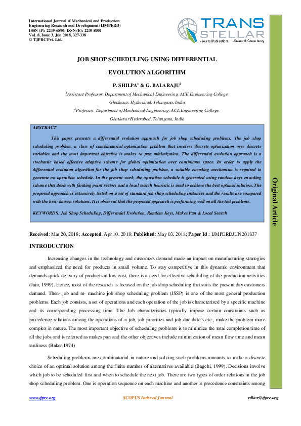 Pdf Job Shop Scheduling Using Differential Evolution Algorithm