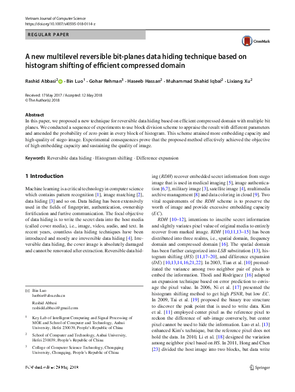 Pdf A New Multilevel Reversible Bit Planes Data Hiding Technique Based On Histogram Shifting