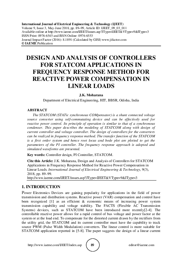 Pdf Design And Analysis Of Controllers For Statcom Applications In Frequency Response Method