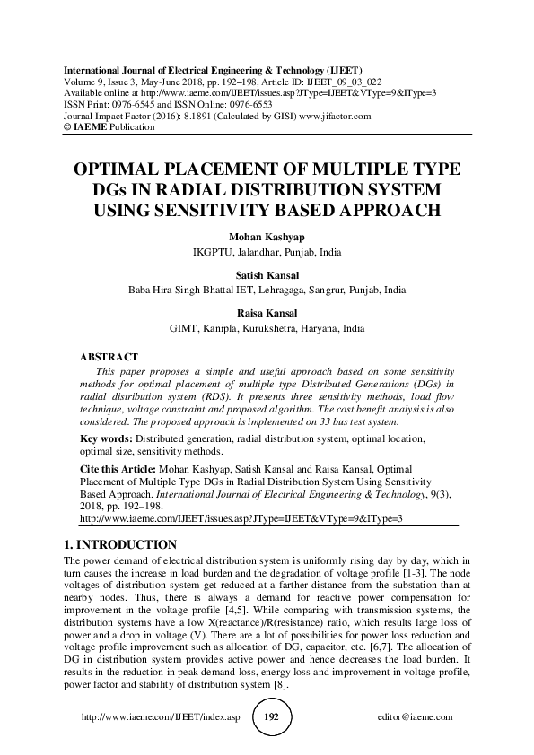 Pdf Optimal Dg Placement In Radial Systems 